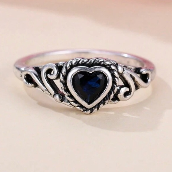 Jewelry | Silver Retro Gothic Heart Design With Blue Stone Ring | Poshmark